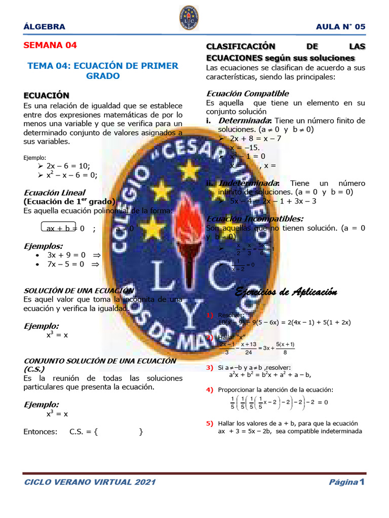 Sem4 Ec. de Primer Grado | PDF | Ecuaciones | Lógica matemática