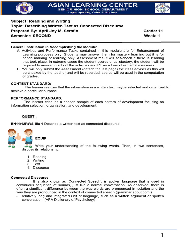 Week-1-Reading-And-Writing-Edited (April) | PDF | Discourse | Literacy