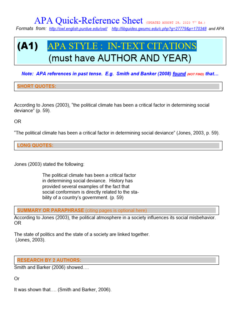 APA Quick Reference Sheet (Revised AUG 25 20 RE 7TH ED.) | PDF | Apa ...