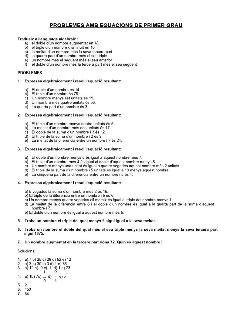 Problemes Amb Equacions de Primer Grau | PDF