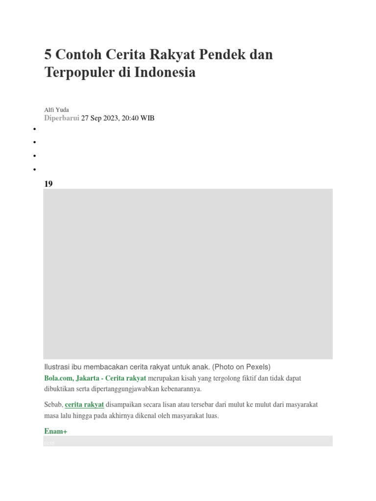 5 Contoh Cerita Rakyat Pendek Dan Terpopuler Di Indonesia | PDF