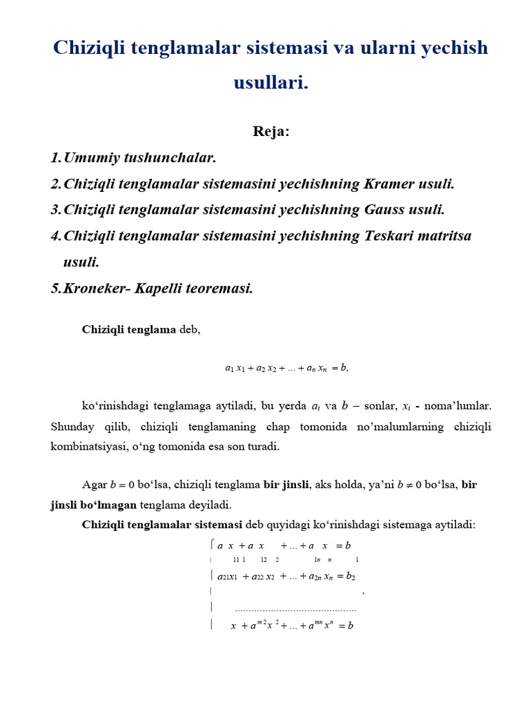 Chiziqli Tenglamalar Sistemasi Va Ularni Yechish Usullari. Reja | PDF