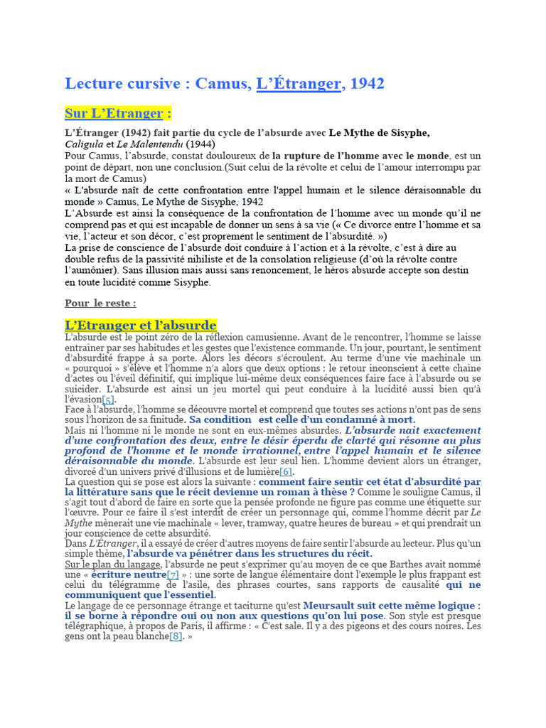 Lecture cursive : L'Étranger de Camus | PDF | Albert Camus