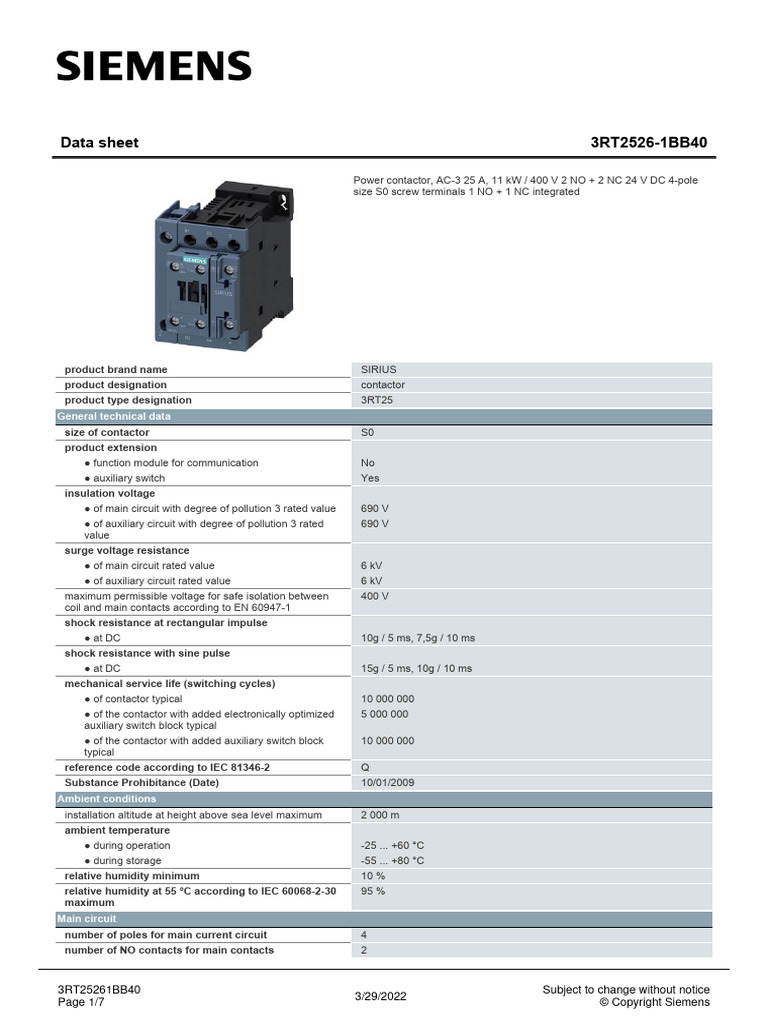 3RT25261BB40 Datasheet en | PDF | Switch | Mains Electricity
