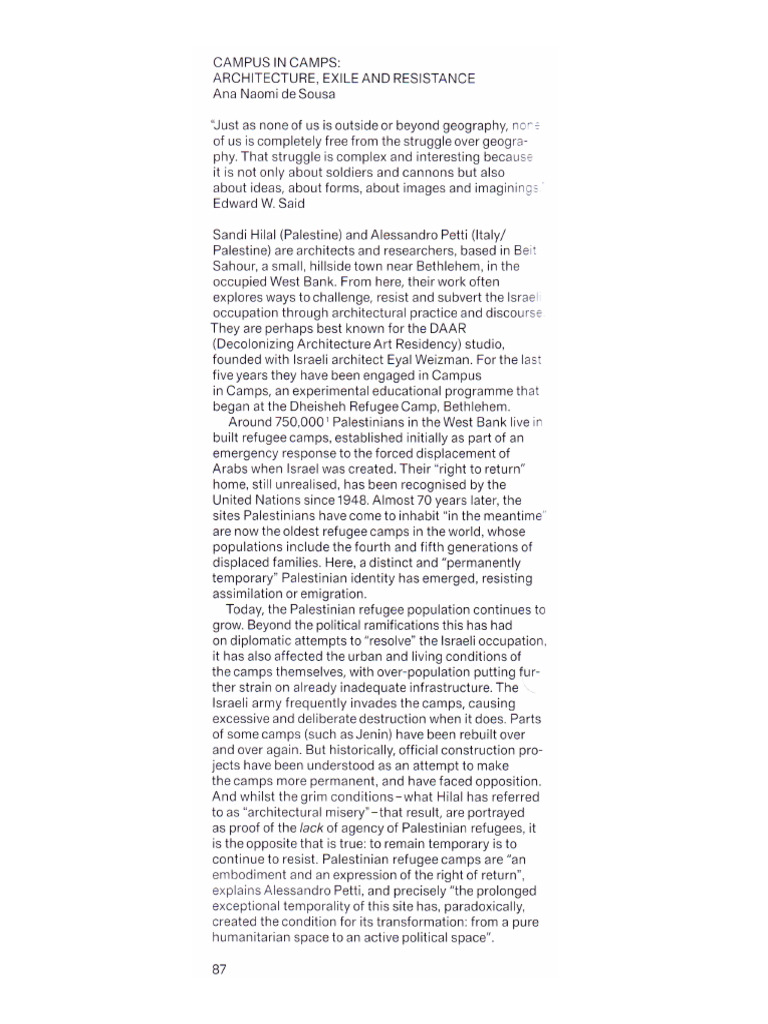 Campus in Camps. Architecture, Exile and Resistance. - Ana Naomi de Sousa en Real Review, No.1 | PDF