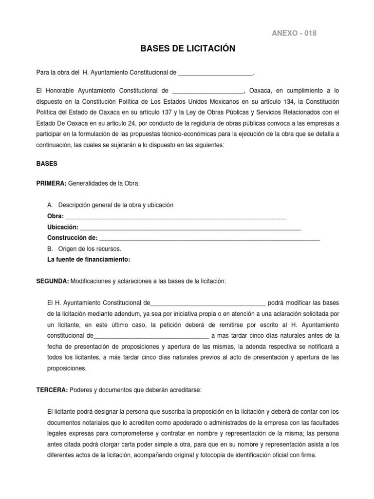 Formato Bases de Licitacion | PDF | Constitución