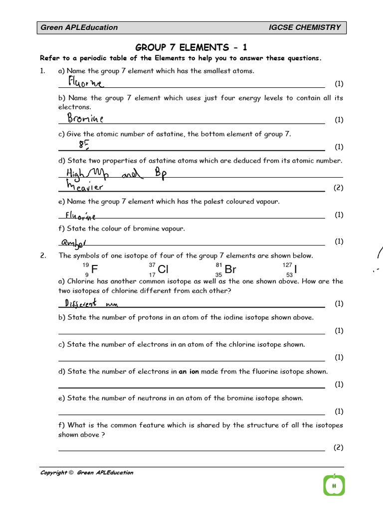 Igcse Group 7 Elements 1 Ab Edit Completed | PDF | Isotope | Chemical ...