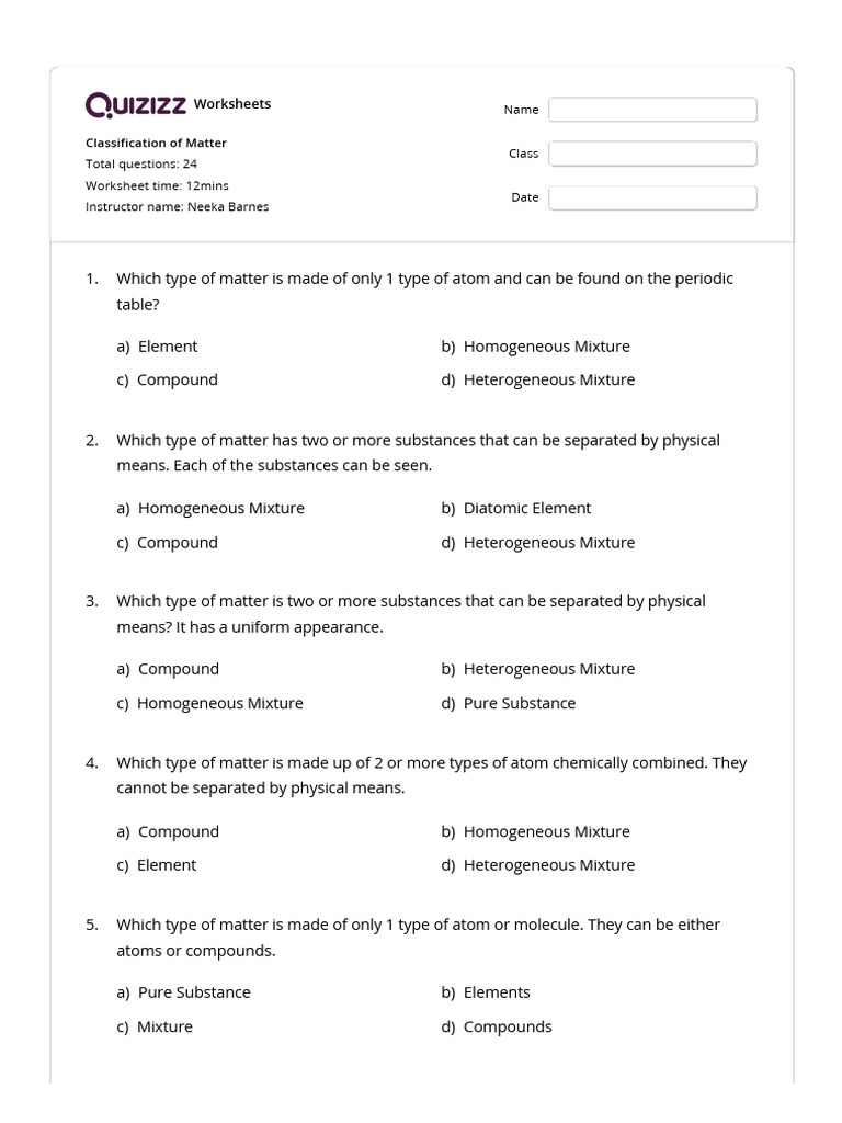 Classification of Matter _ Quizizz | PDF | Chemical Substances | Mixture