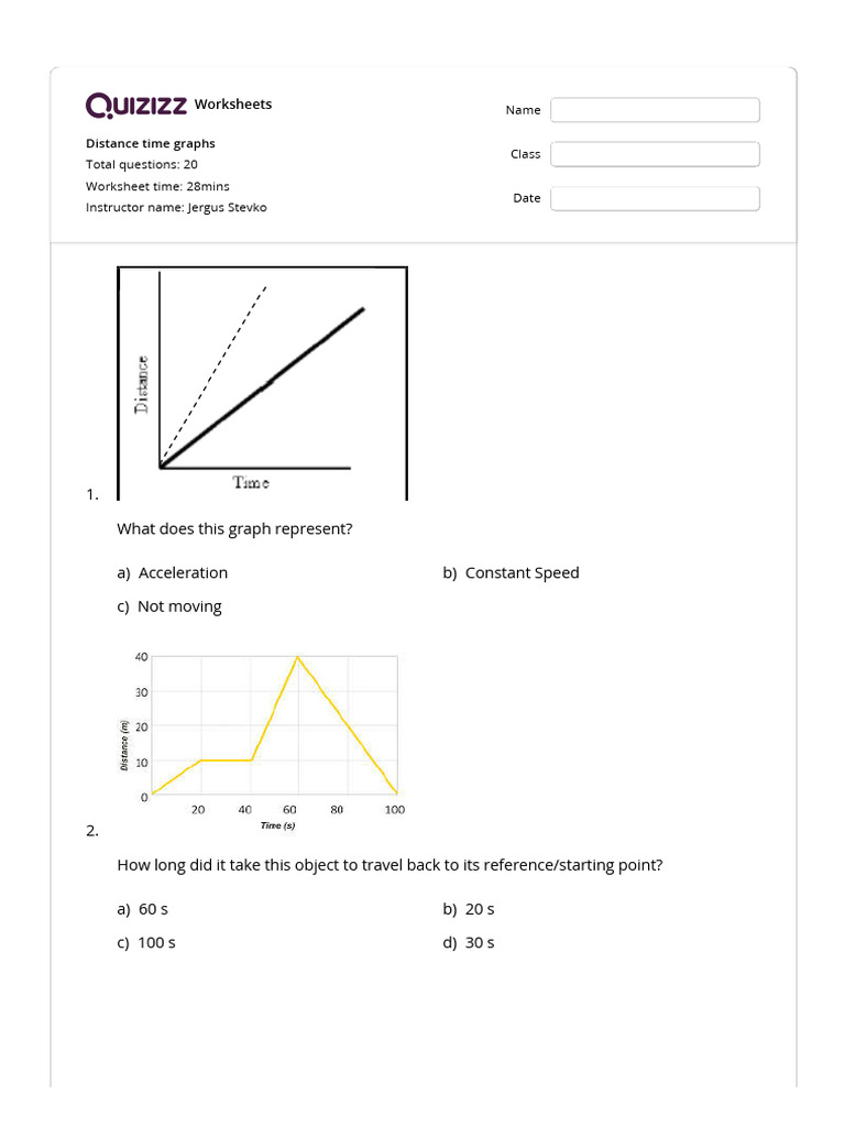 Distance-Time Graphs Quiz | PDF | Speed | Acceleration