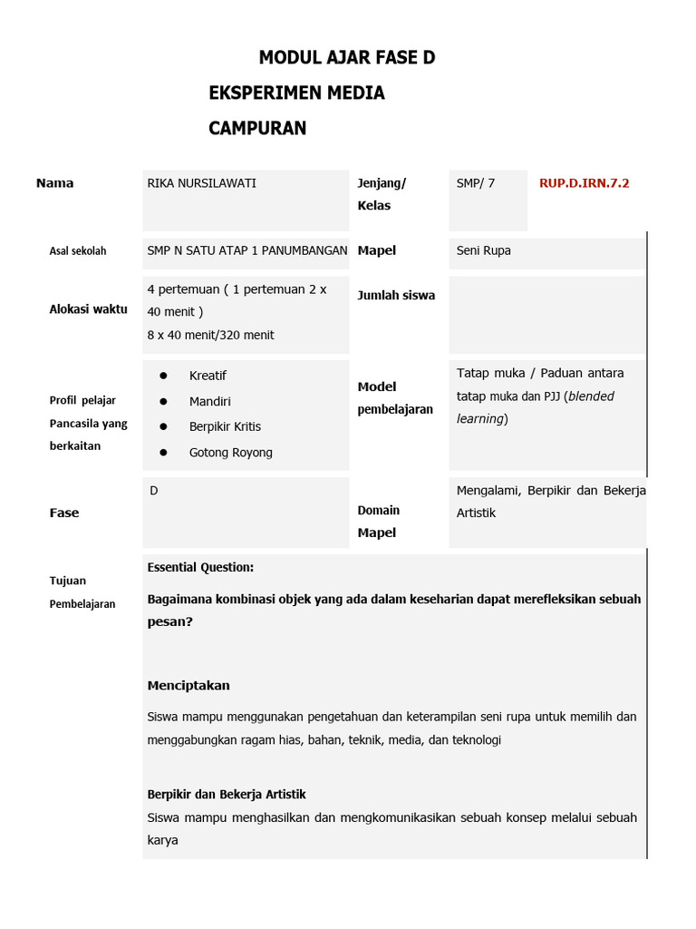 3 Aksi Nyata Modifikasi Modul Ajar Fase D Eksperimen Media Campuran | PDF