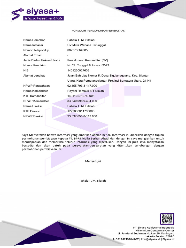 Permohonan Pembiayaan CV Mitra Wahana Tritunggal-1 | PDF