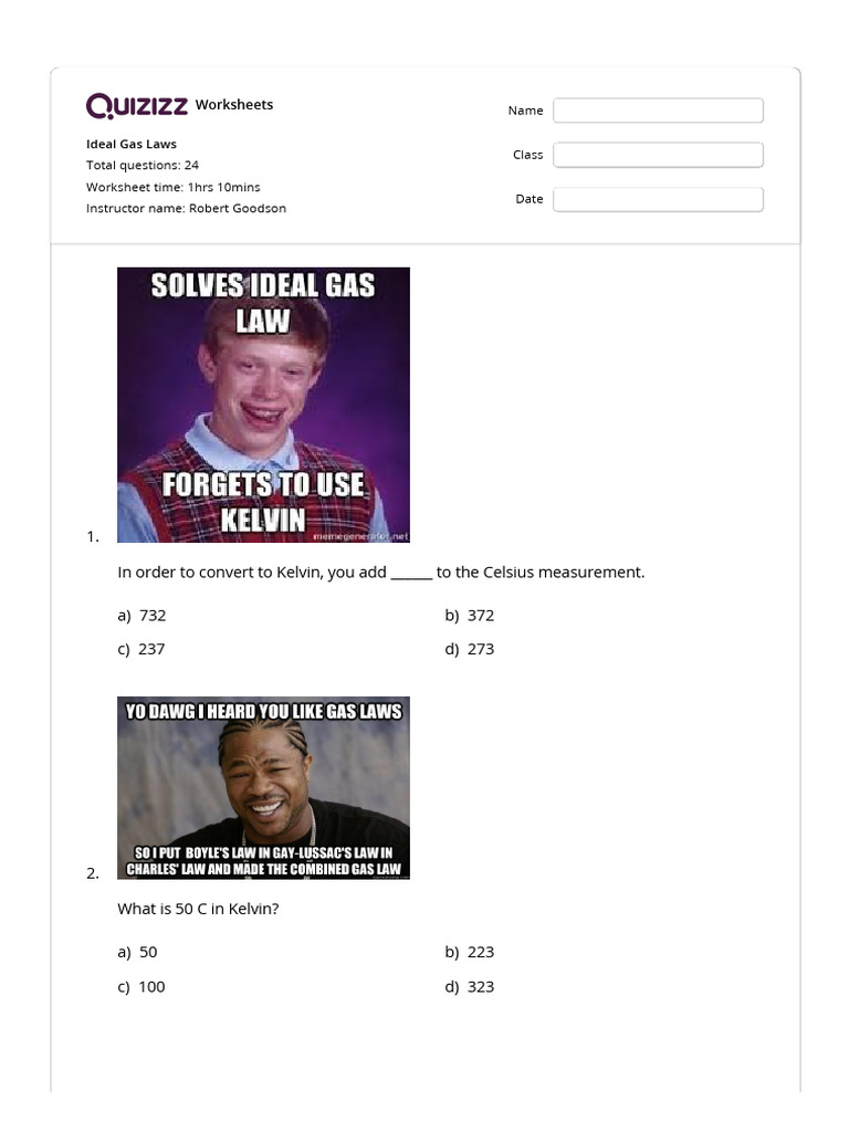 Ideal Gas Laws - Quizizz | PDF | Gases | Atmosphere
