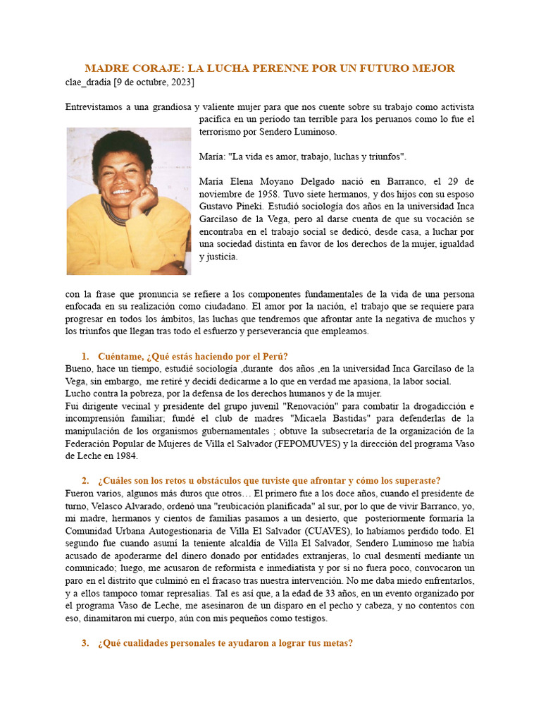 María Elena Moyano: Lucha y Legado | PDF