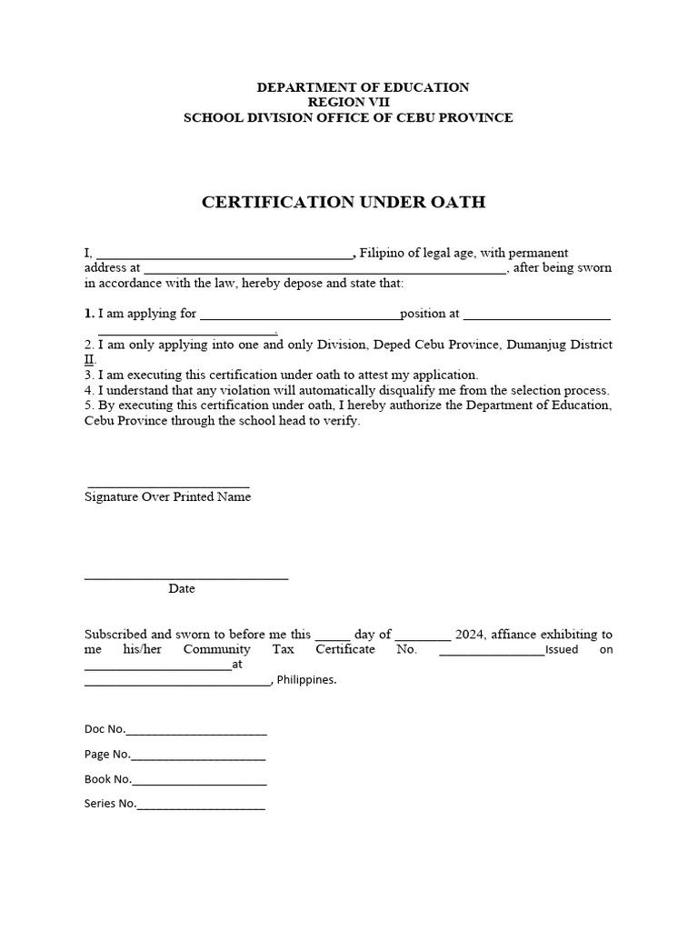 Certification Under Oath | PDF
