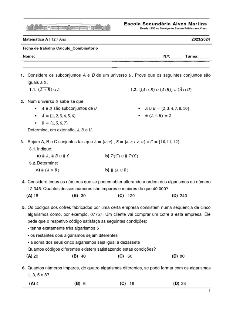 Ficha de Trabalho Calculo - Combinatório Mat12-2023-24 | PDF | Matemática