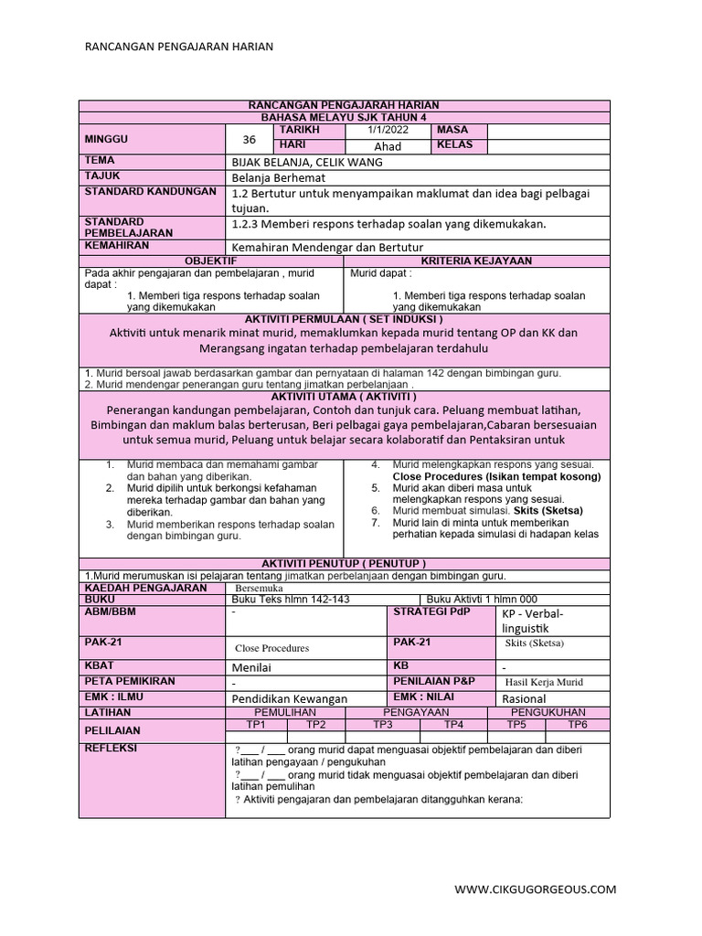 RPH Minggu 36 BM SJK THN 4 by Cikgu Gorgeous | PDF