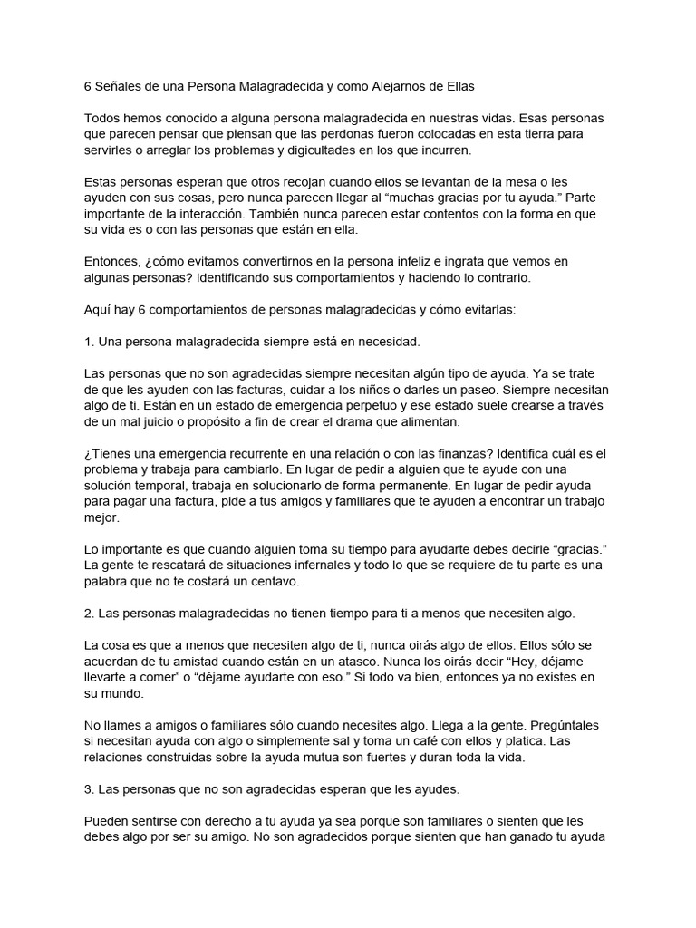 6 Señales de Una Persona Malagradecida y Como Alejarnos de Ellas | PDF