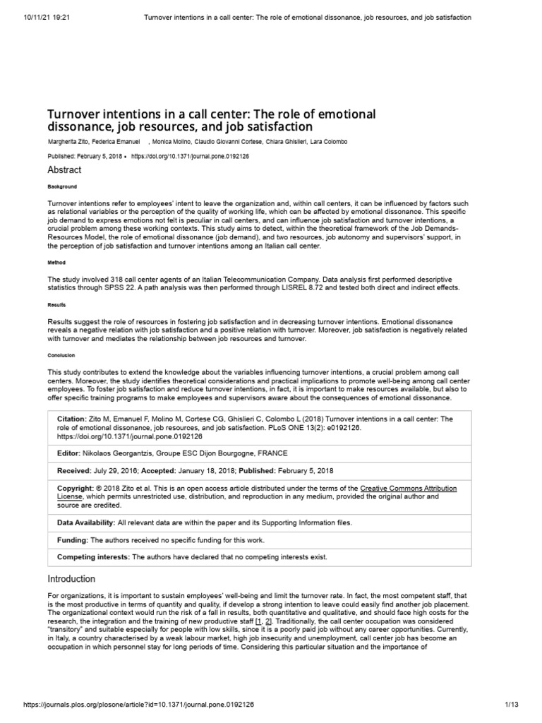 Turnover Intentions in A Call Center The Role of Emotional Dissonance ...