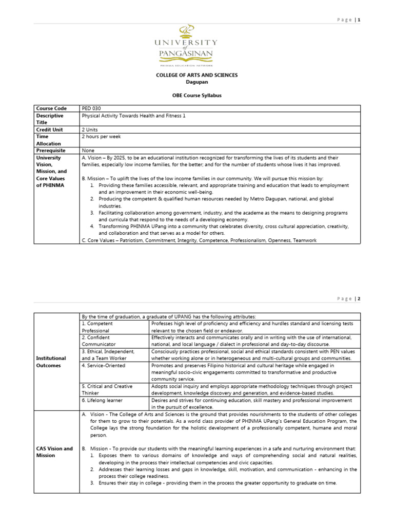 Ped 030 - Pathfit 1 - Obe Syllabus | PDF | Physical Fitness | Learning