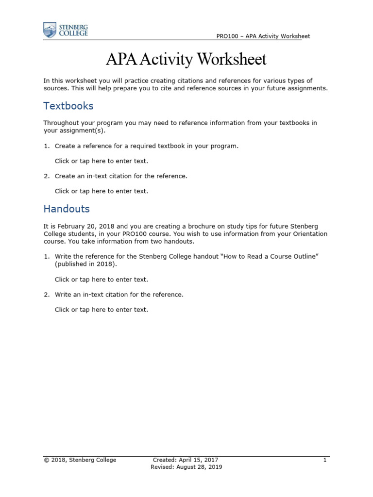 APA Citation Practice Worksheet | PDF | Apa Style | Citation