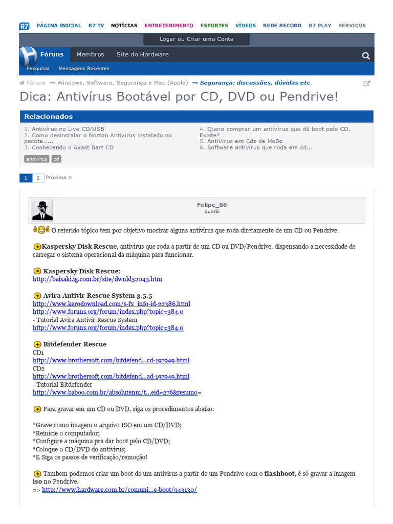 Dica - Antivírus Bootável Por CD, DVD Ou Pendrive! - Comunidade Do Hardware | PDF | Vírus de ...
