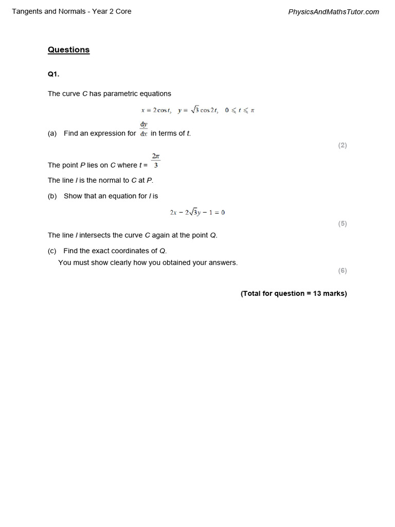 Tangents and Normals | PDF | Tangent | Equations
