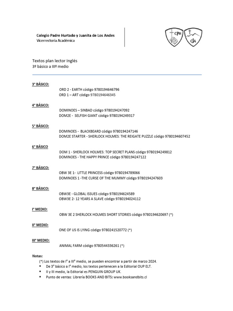 Plan Lector Inglés 2024 (3° Básico A III° Medio) | PDF