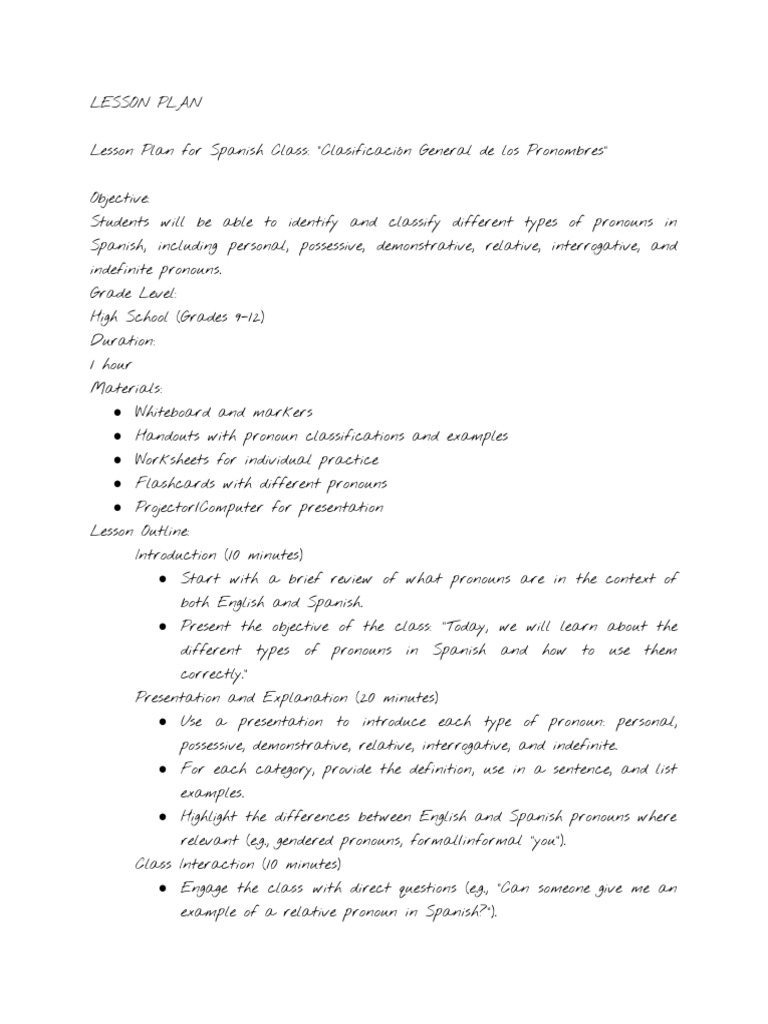 LESSON PLAN Clasificación General de los Pronombres | PDF | Lesson Plan ...