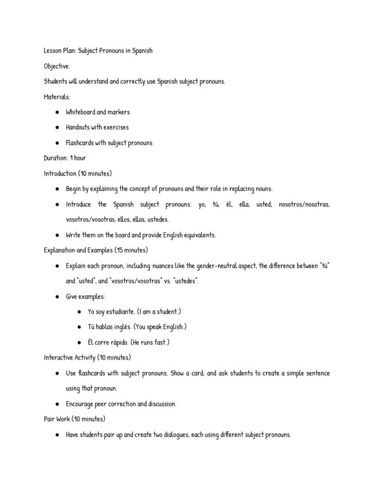 Lesson Plan Subject Pronouns in Spanish | PDF