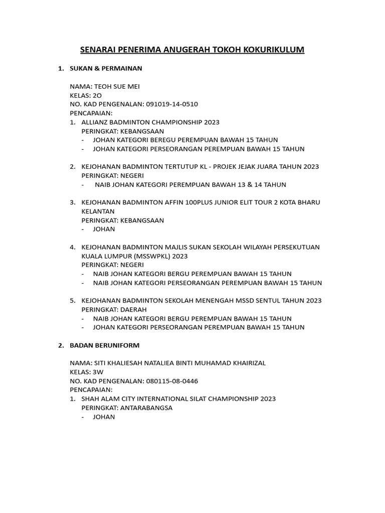 Contoh SENARAI PENERIMA ANUGERAH TOKOH KOKURIKULUM | PDF Contoh SENARAI PENERIMA ANUGERAH TOKOH KOKURIKULUM | PDF