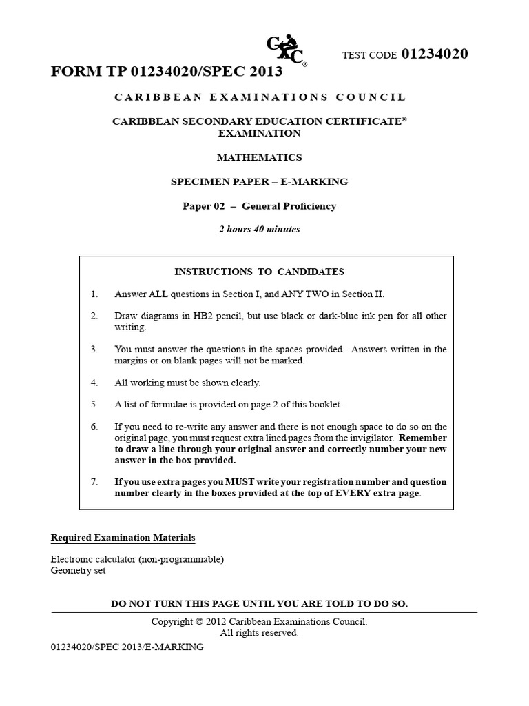 CSEC Mathematics Specimen 2013 P2 | PDF | Area | Elementary Geometry