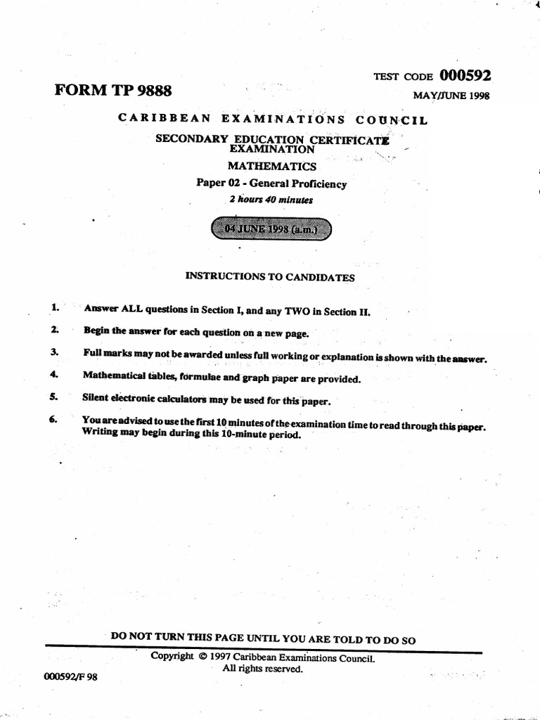 CXC Mathematics Paper 2 - June 1998 | PDF | Mathematical Concepts ...