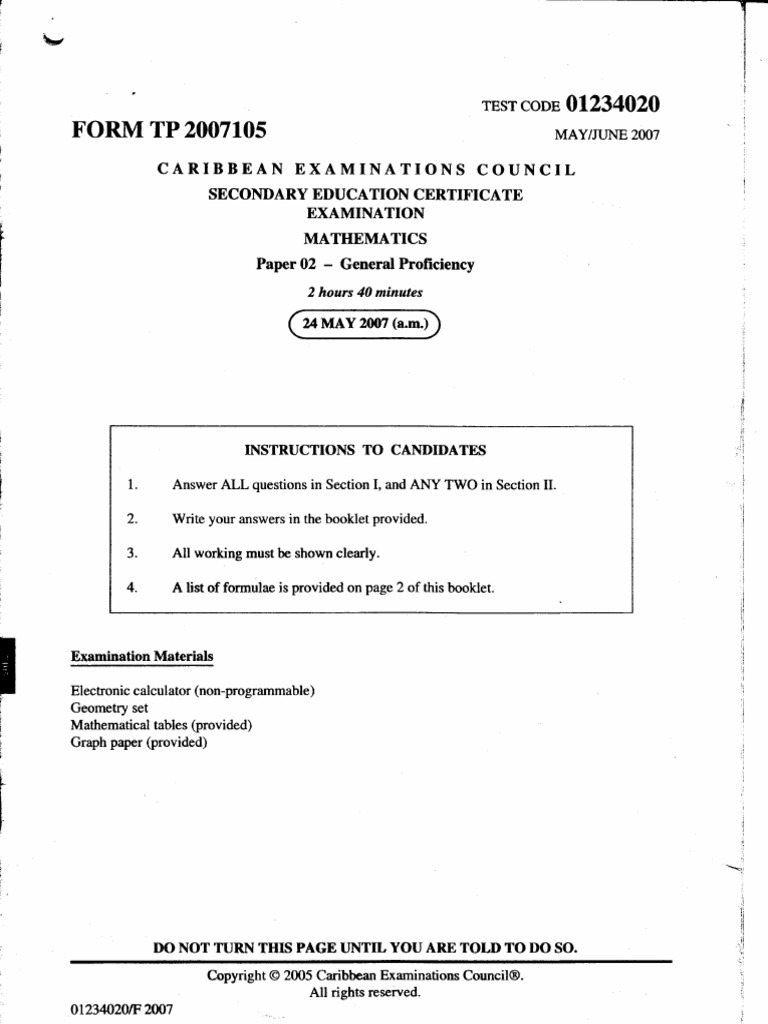 CSEC Mathematics June 2007 P2 15 Pgs | PDF | Mathematical Objects | Mathematics