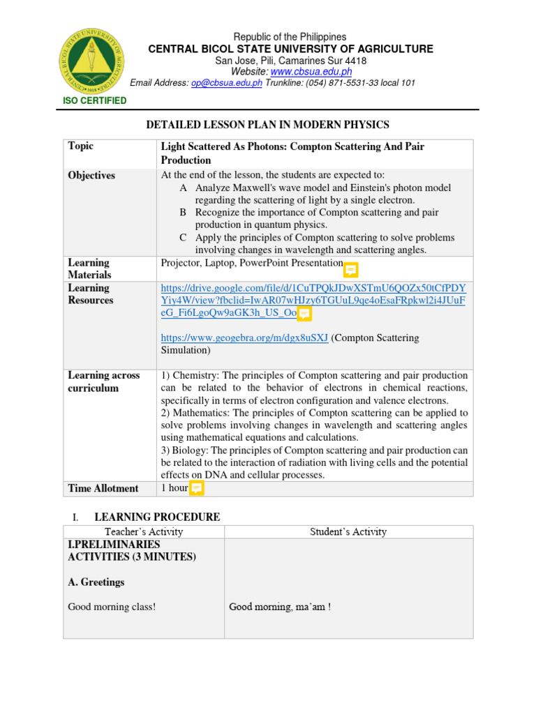 Detailed Lesson Plan in Modern Physics | PDF | Electron | Photon