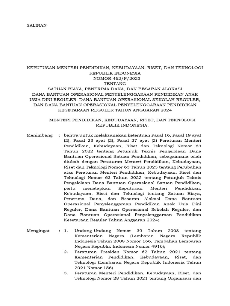 Salinan BT Kepmendikbudristek Nomor 462 P 2023 Tentang Satuan Biaya Penerima Dana Dan Besaran ...