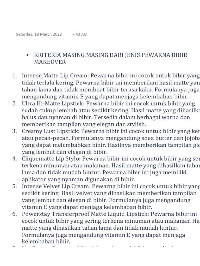 Deskripsi Masing Masing Dari Jenis Pewarna Bibir Makeover | PDF | Karier & Perkembangan