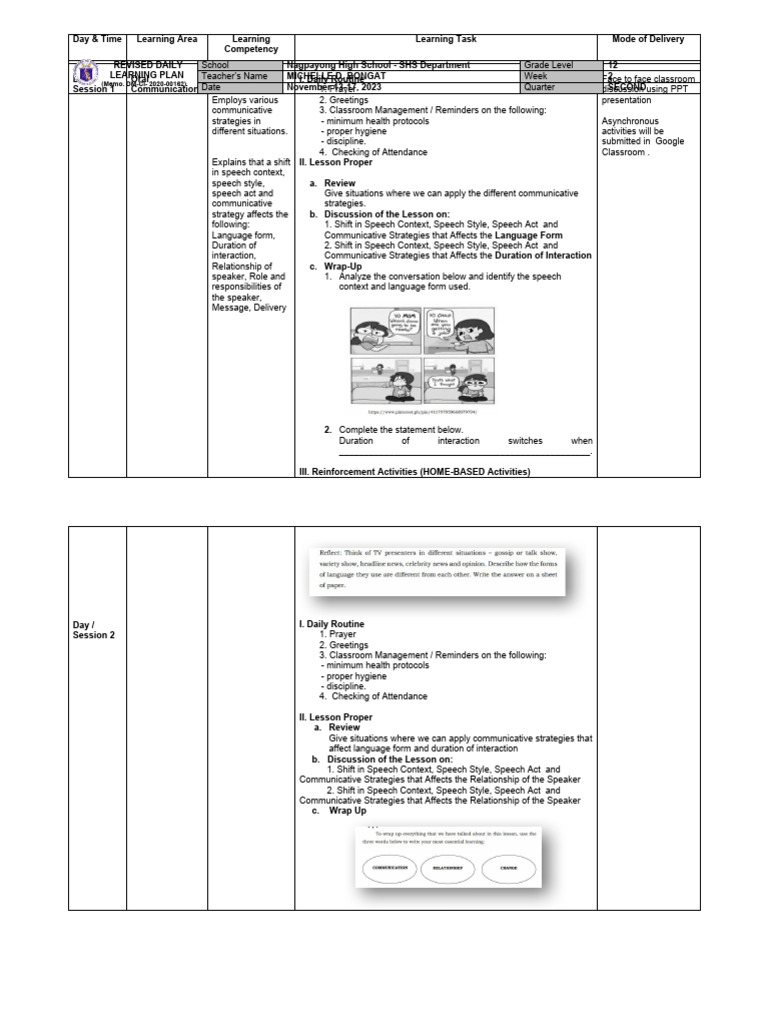 DLL Oral Com q2 Week2 | PDF | Learning | Teachers