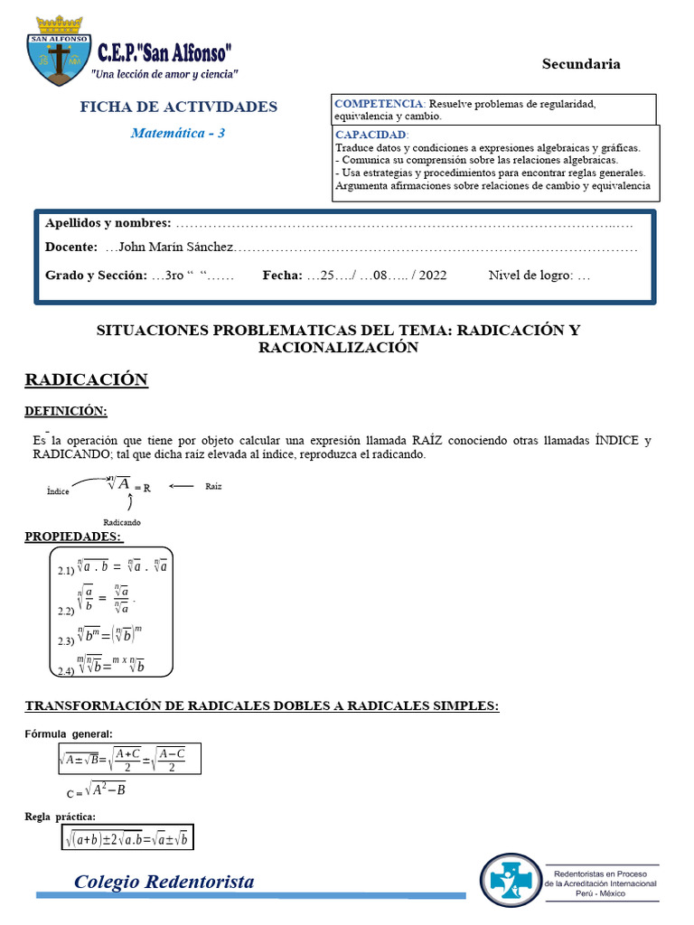 RADICACION Y RACIONAL MATE - 3 - 3ro Sec 2022 - 3er Bimest | PDF | Raíz cuadrada | Matemáticas