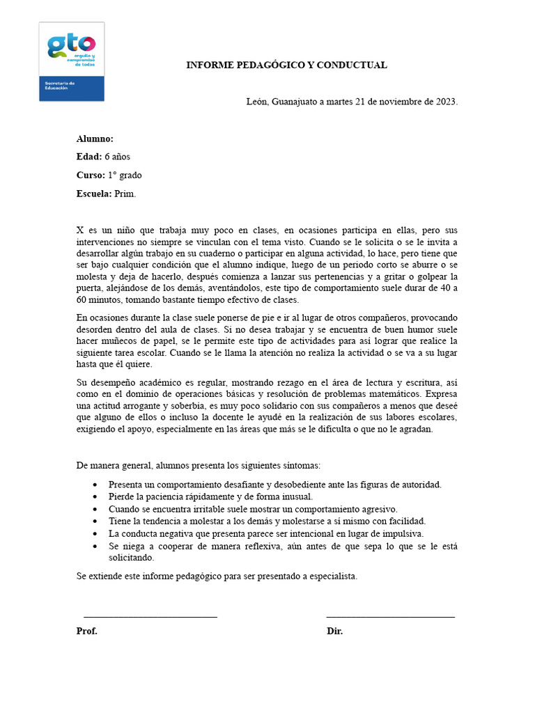 INFORME PSICOPEDAGÓGICO EJEMPLO | PDF | Comportamiento | Maestros