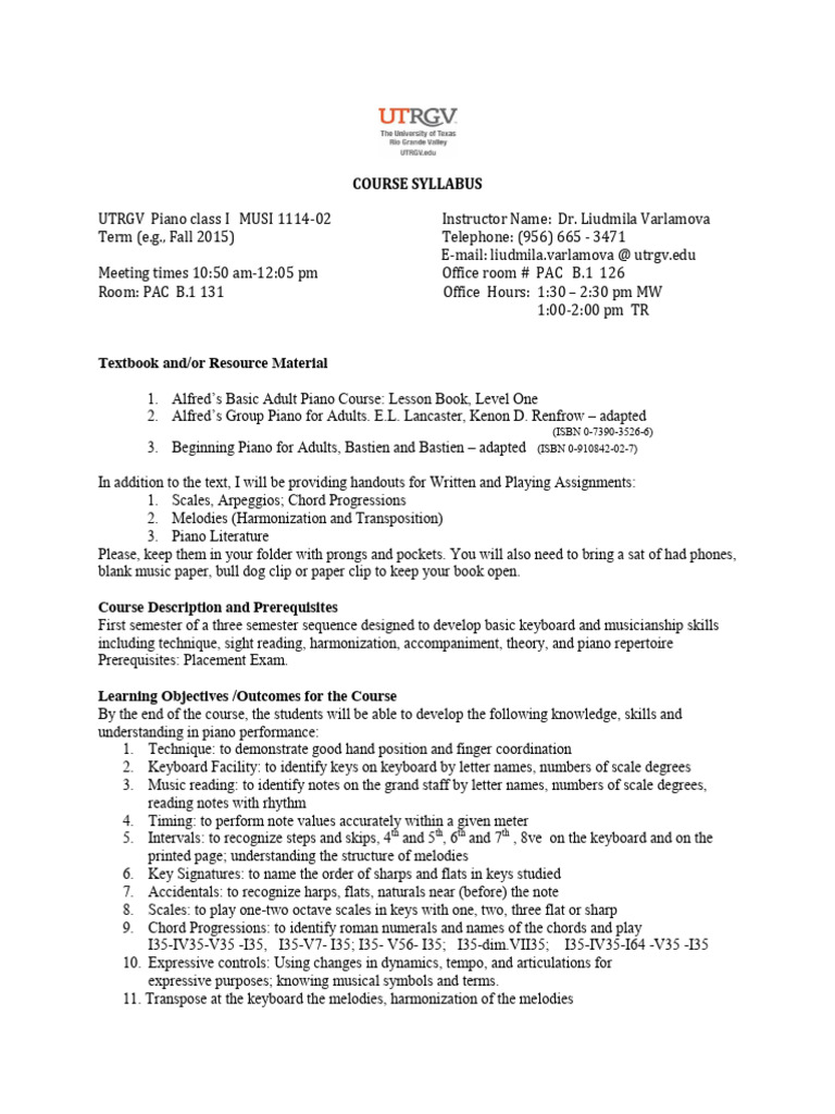 UTRGV Piano Class I Syllabus | PDF | Scale (Music) | Chord (Music)