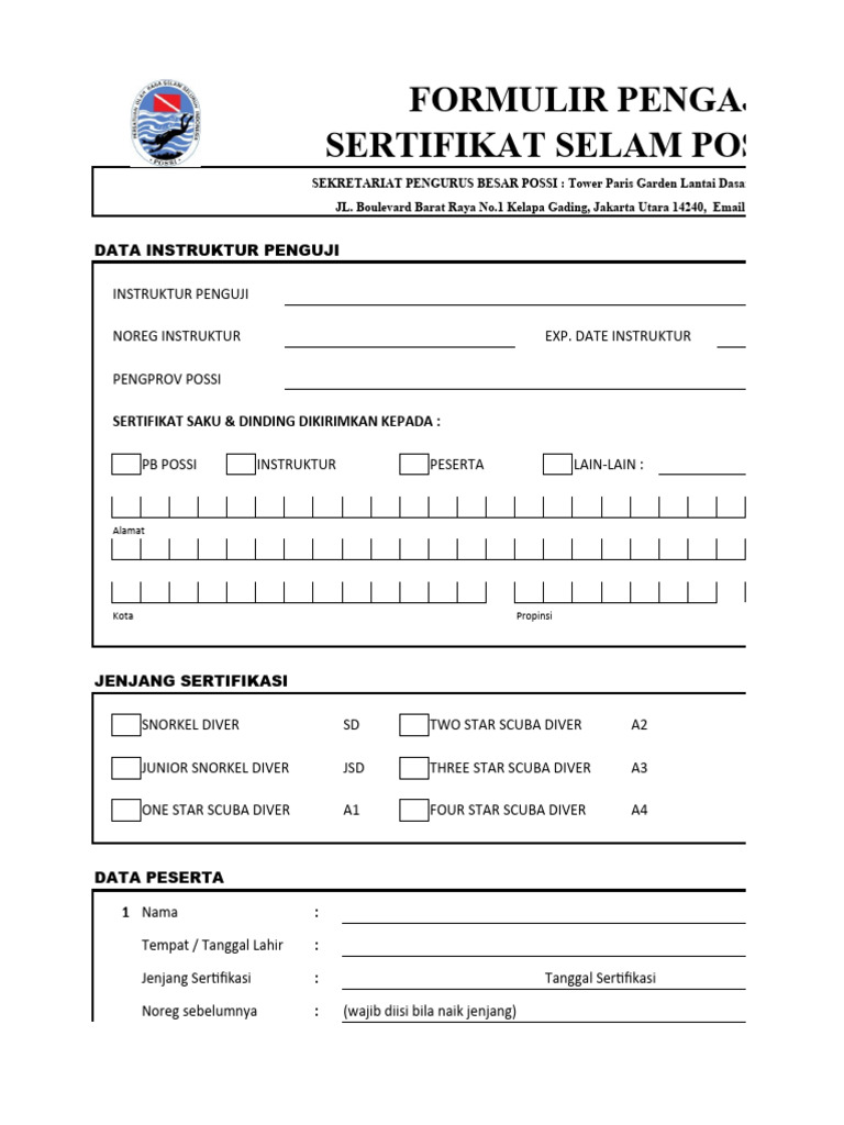 Formulir Pengajuan Sertifikat Selam Dan Perpanjangan Sertifikat Instruktur | PDF