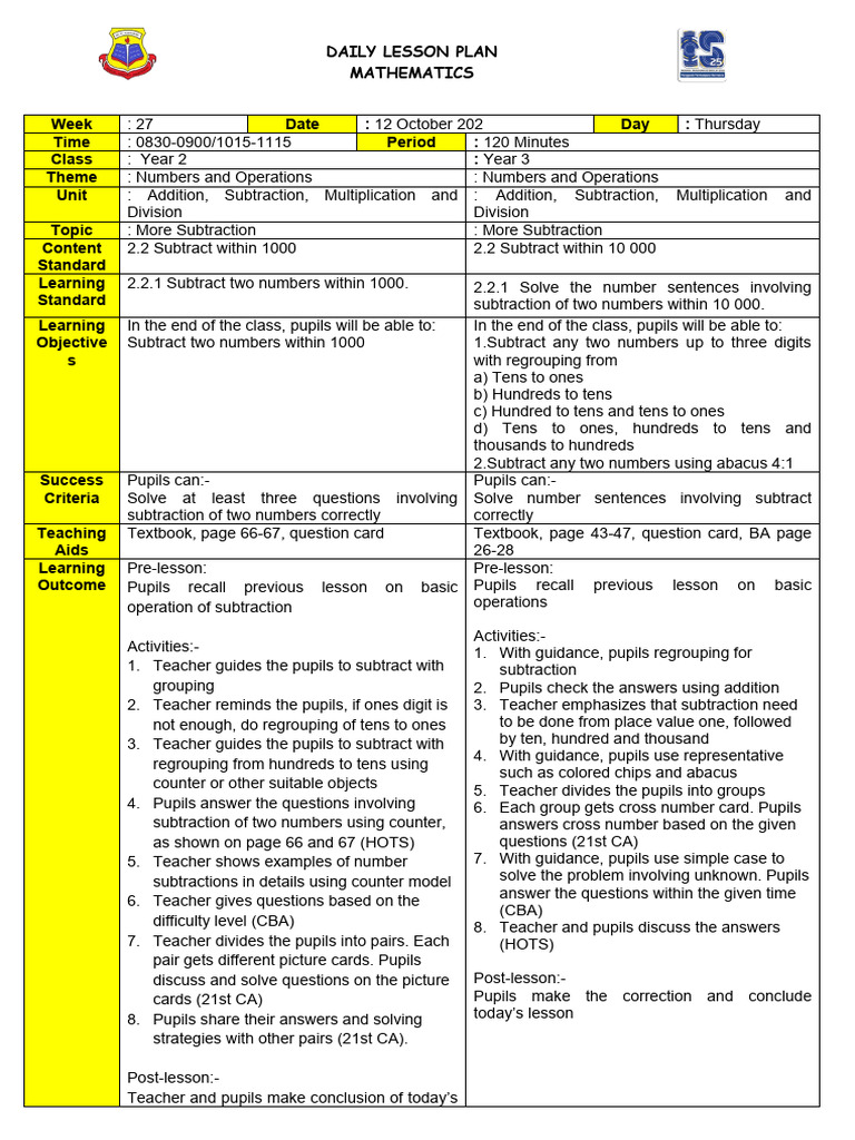 Contoh RPH Kelas Bercantum Science Year 2 and 3 | PDF | Subtraction ...