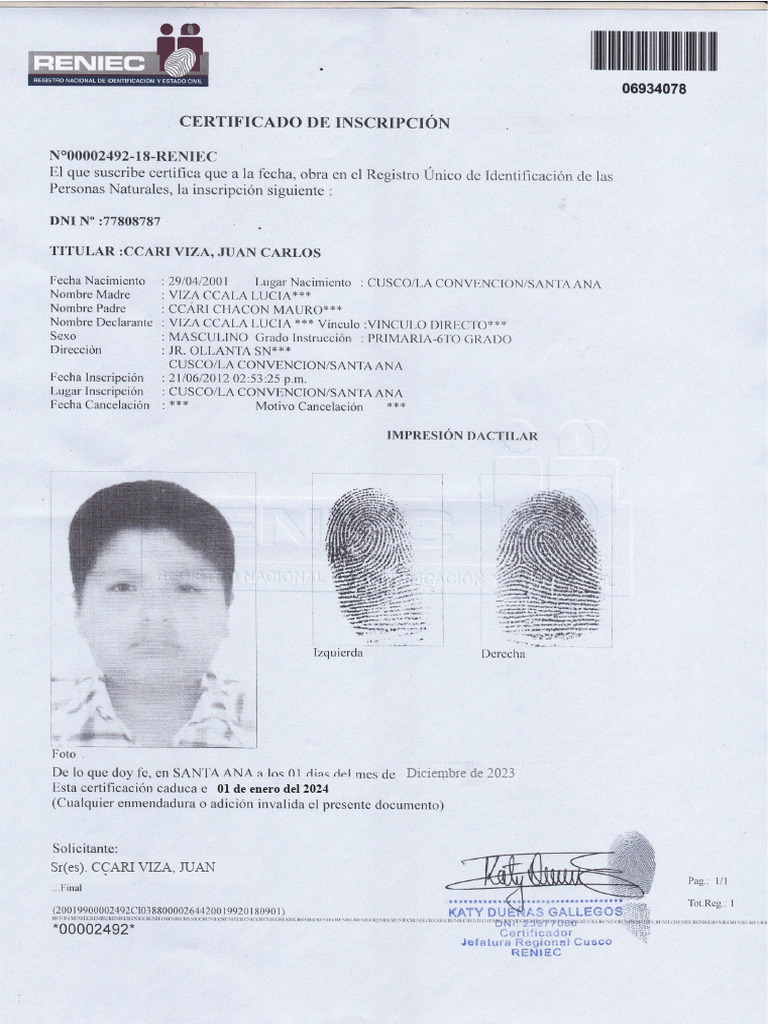 Certificado de Inscripcion | PDF