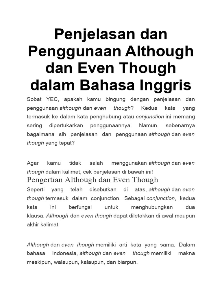 Penjelasan Dan Penggunaan Although Dan Even Though Dalam Bahasa Inggris | PDF