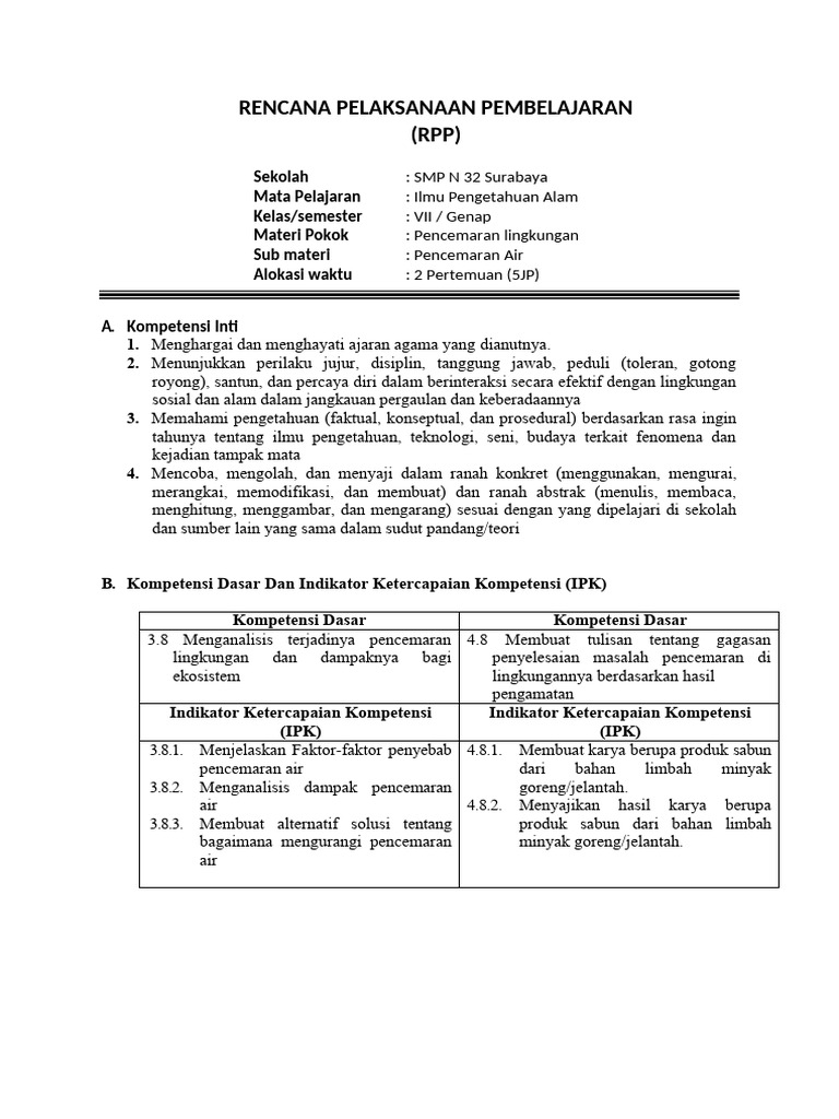 RPP 7 IPA Adiwiyata Pencemaran 2023 | PDF