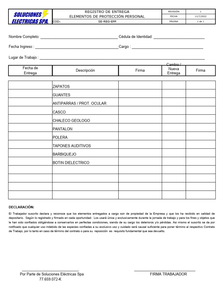 SE-REG-EPP (Registro de Entrega de EPP) . | PDF