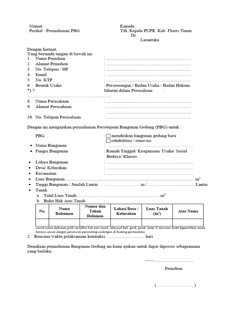 Blangko Surat Permohonan PBG | PDF