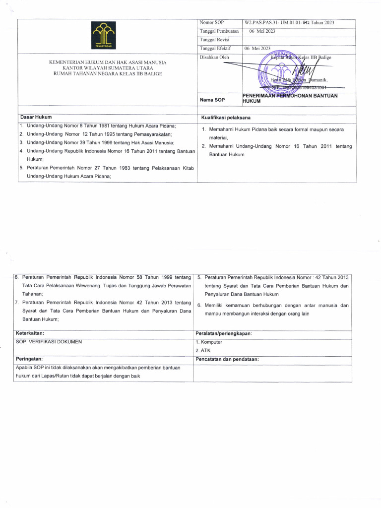 Sop Penerimaan Bantuan Hukum | PDF