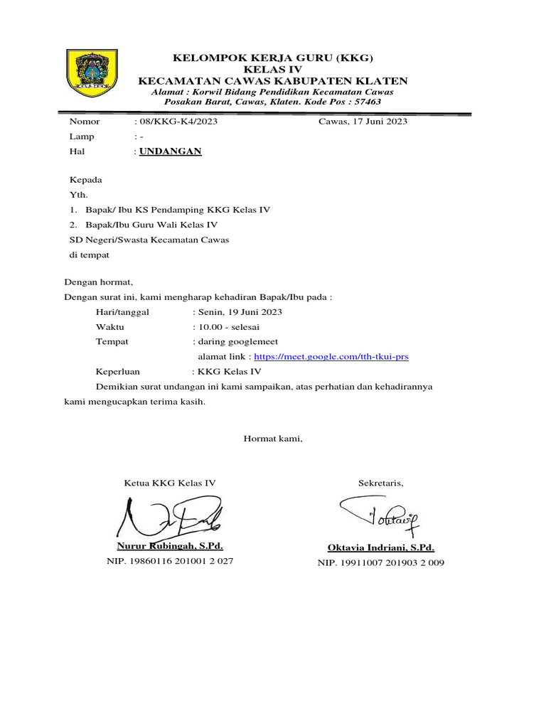 Undangan KKG Kelas 4 2023 | PDF