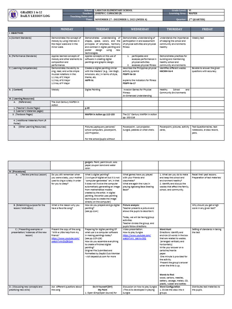 DLL - Mapeh 6 - Q2 - W4 | PDF | Paintings | Learning